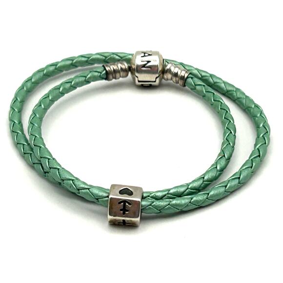 Pandora | Jewelry | Pandora Green Leather Double Bracelet Sterling ...